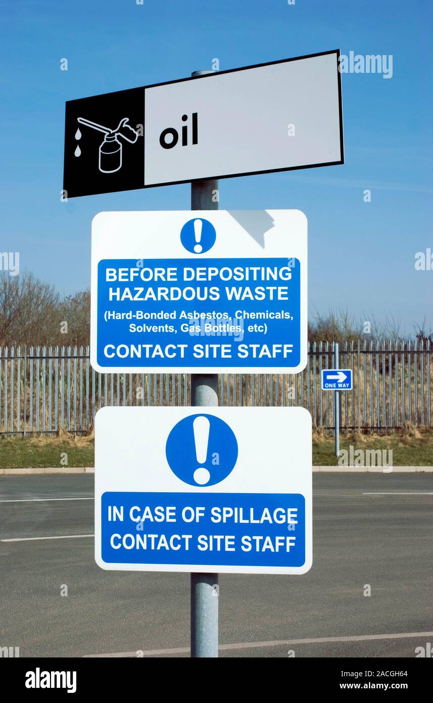 Recycling centre signs. Hazardous waste signs for the oil recycling ...