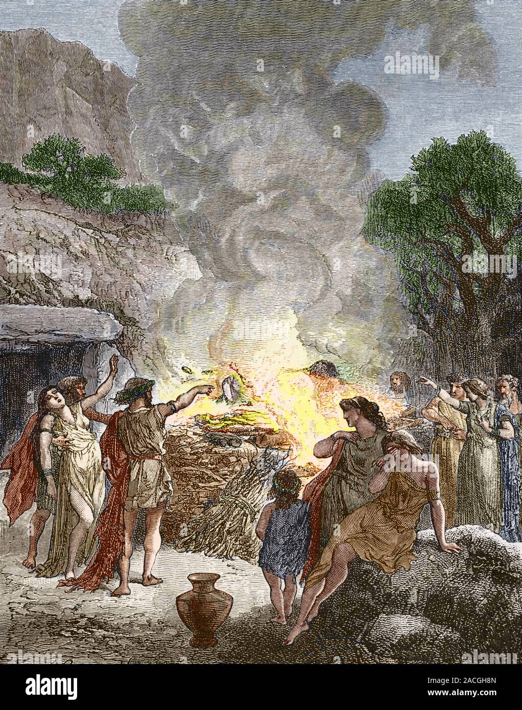 Coloured illustration of funeral rites based on archaeological research ...