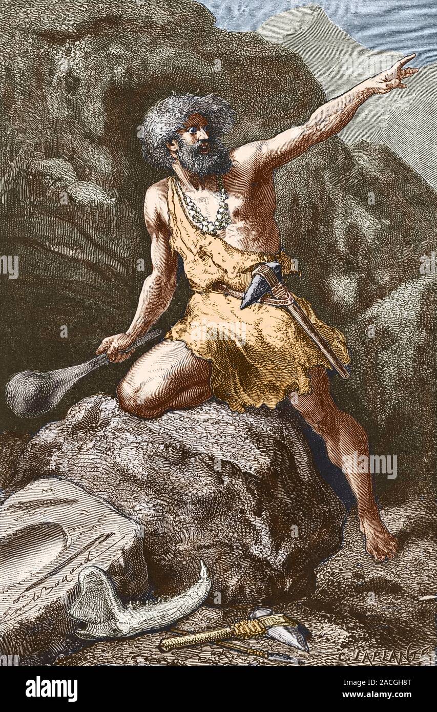 Coloured enraving of a Neolithic man (late Stone Age) about to hurl a ...