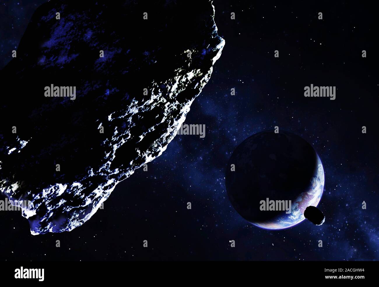 Asteroids approaching Earth. Computer artwork of two asteroids (left ...
