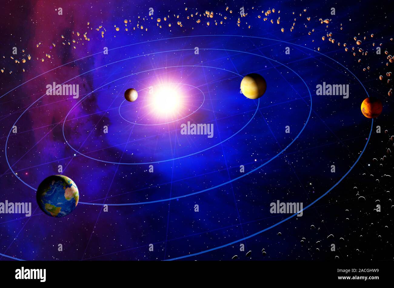 Inner solar system planets. Computer artwork and diagram of the orbits ...