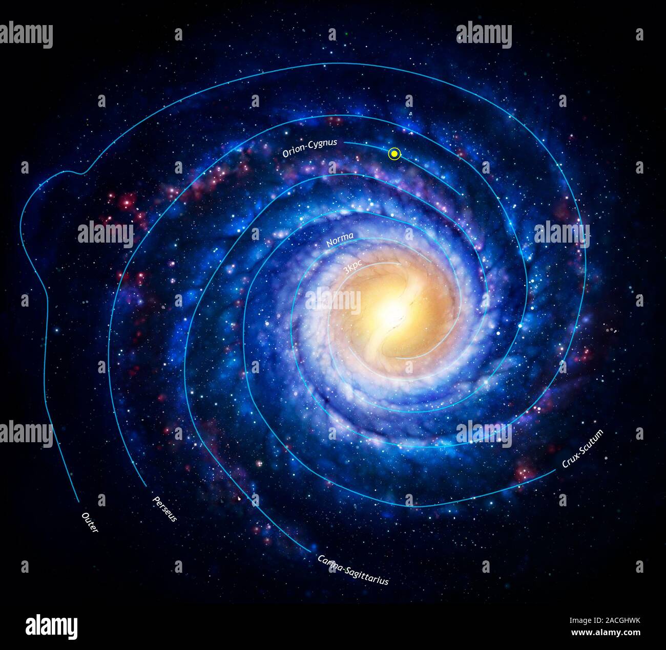 Milky Way galaxy. Computer artwork and diagram of our Milky Way galaxy ...