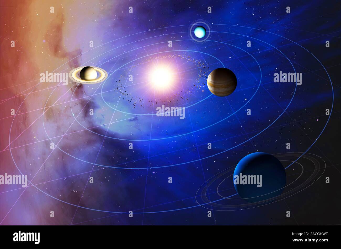 Outer solar system planets. Computer artwork and diagram of the orbits ...