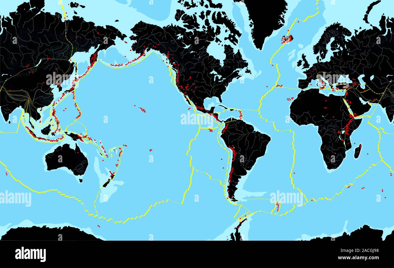 Global volcanoes map. World map showing the location of volcanoes (red ...