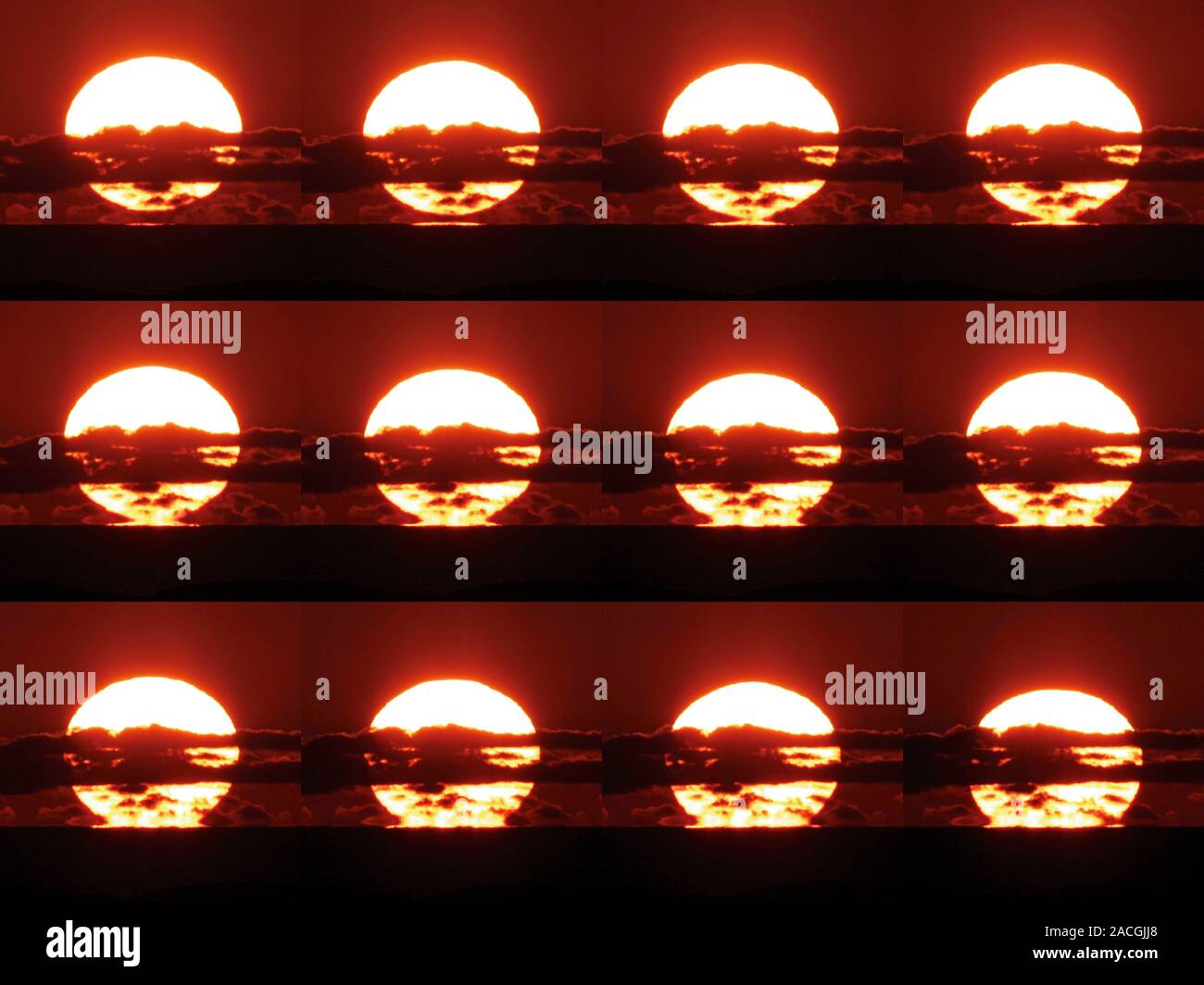 Sunset. Montage image of the sun setting on the horizon, creating a ...