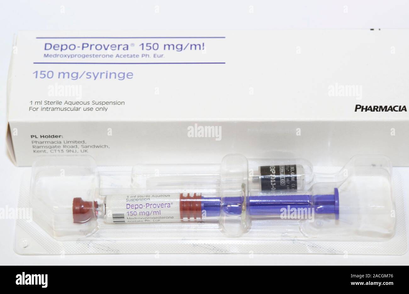 Packaging and a syringe of Depo-Provera, a hormone injection that ...