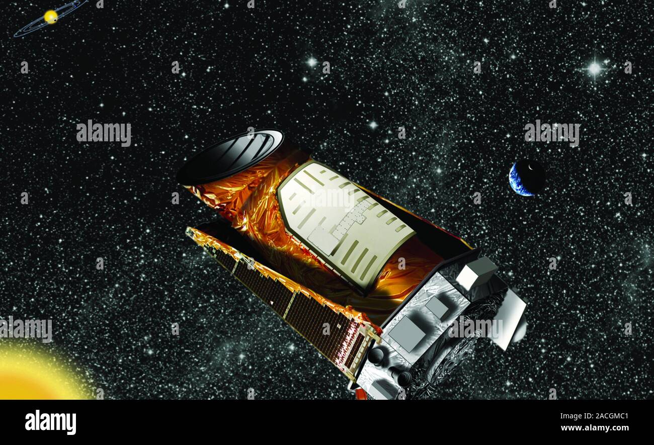 Kepler Mission space telescope, artwork. The Earth and the Moon are at ...