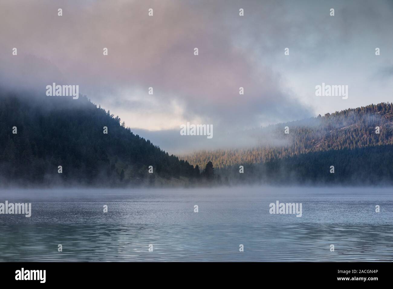 Mist rising in early morning at Cliff Point Campground, Cliff Lake ...
