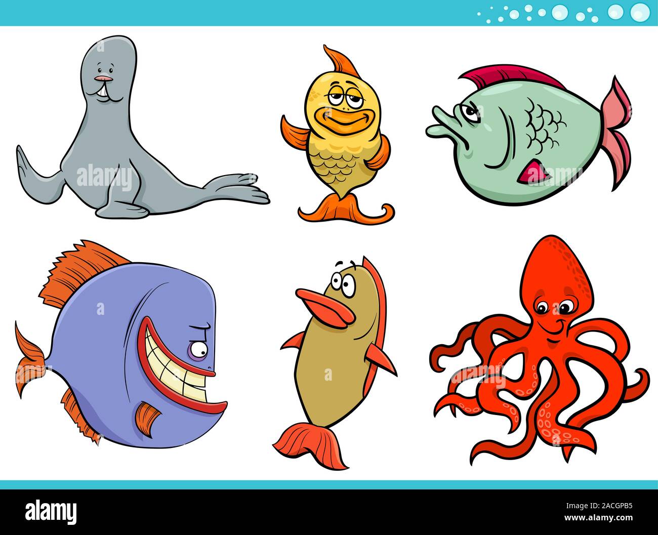 Cartoon Illustration of Sea Life or Marine Animal Characters Set Stock ...