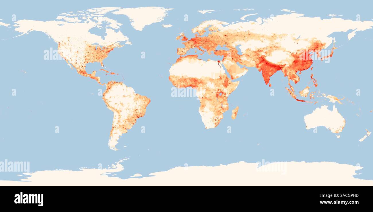 World population density in 2000. Colour-coded map showing the ...