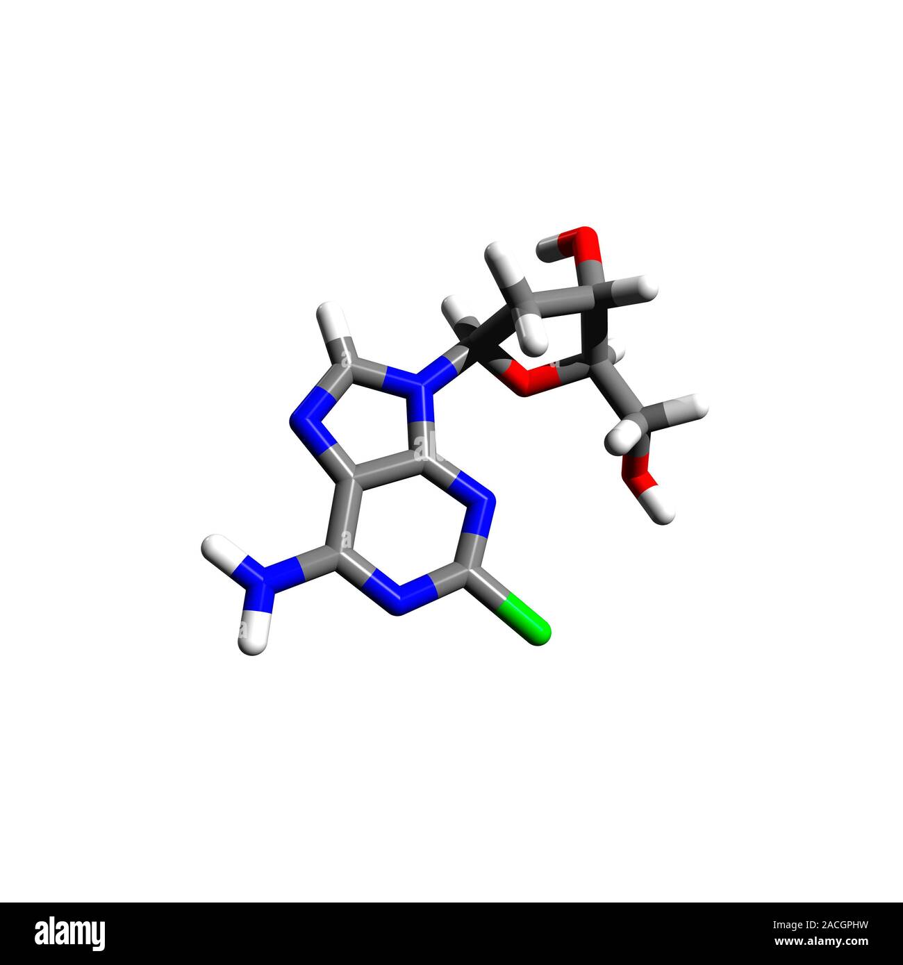 Cladribine anti-cancer drug molecule. Tubular model of a molecule of ...