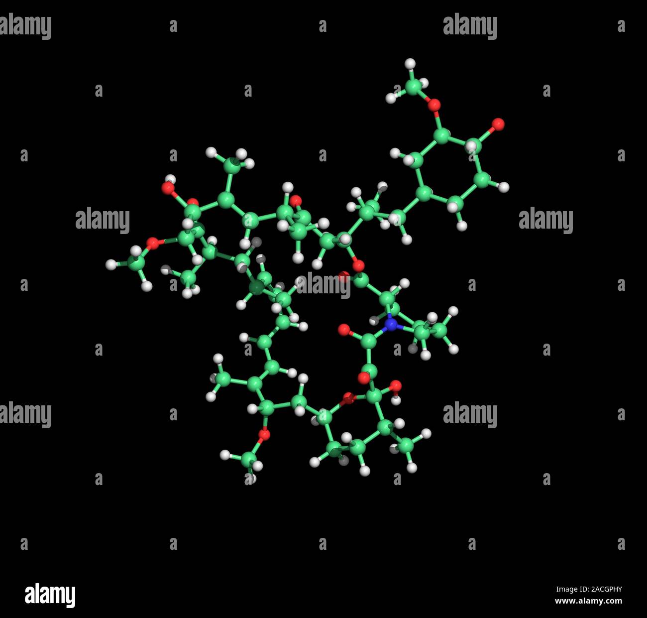 Rapamycin immunosuppressant drug molecule. Ball-and-stick model of a ...