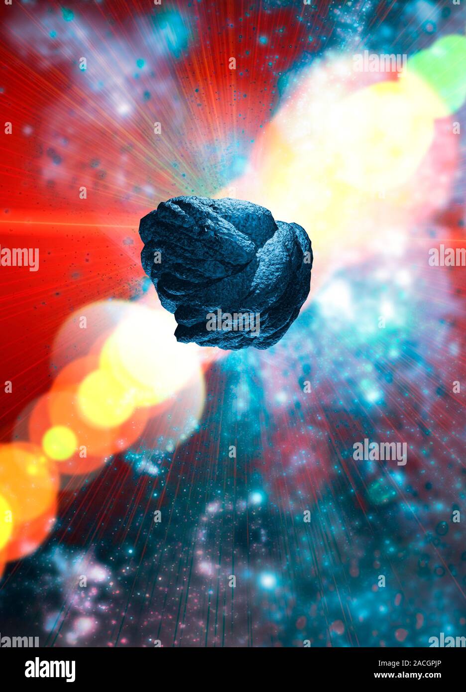 Asteroid in deep space. Computer artwork of an asteroid passing through ...