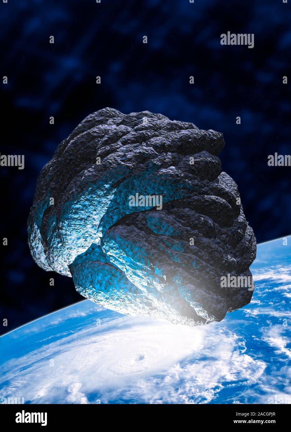 Asteroid approaching Earth. Computer artwork of an asteroid approaching ...