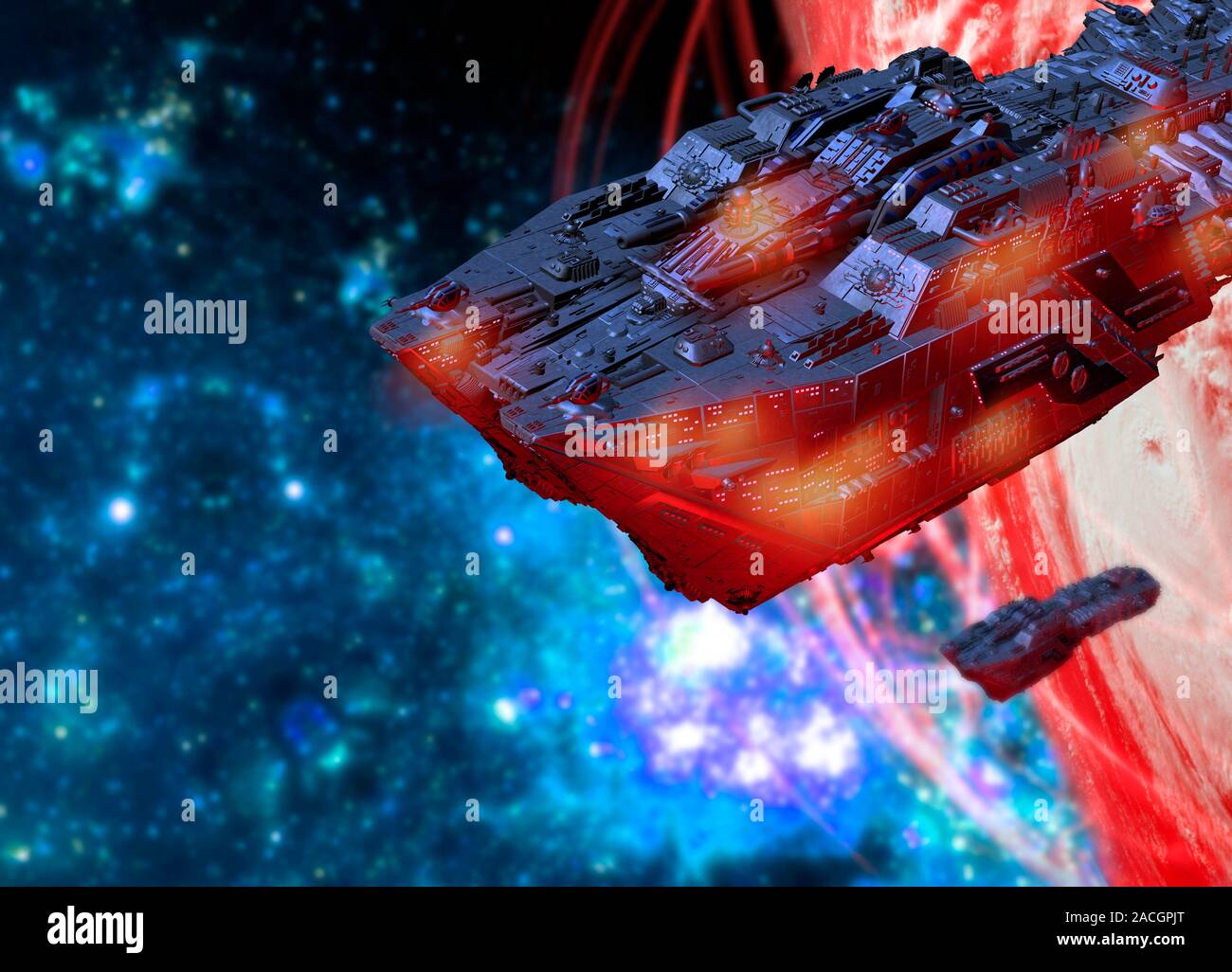 Spaceship. Computer artwork of a spaceship travelling past an alien ...