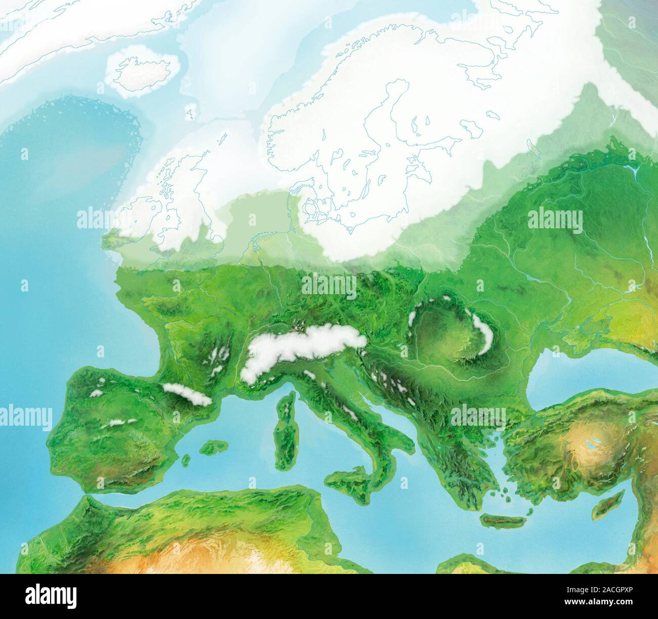 European glaciation. Artwork showing the maximum extent of the ice ...