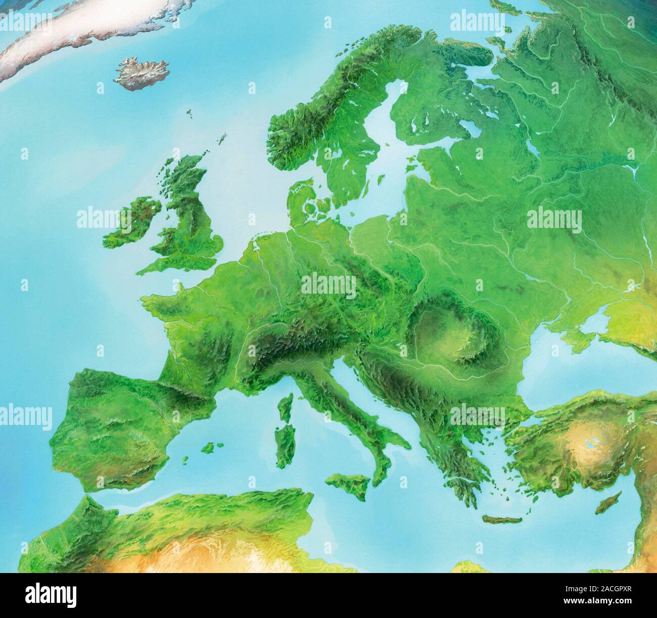 Europe. Artwork showing the topography and land cover in Europe. The ...