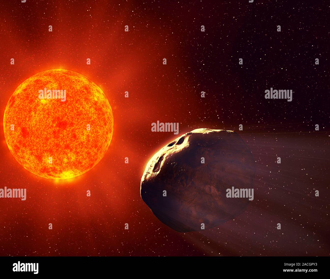 Vulcanoid asteroid and Sun. Artwork of an asteroid that is circling the ...