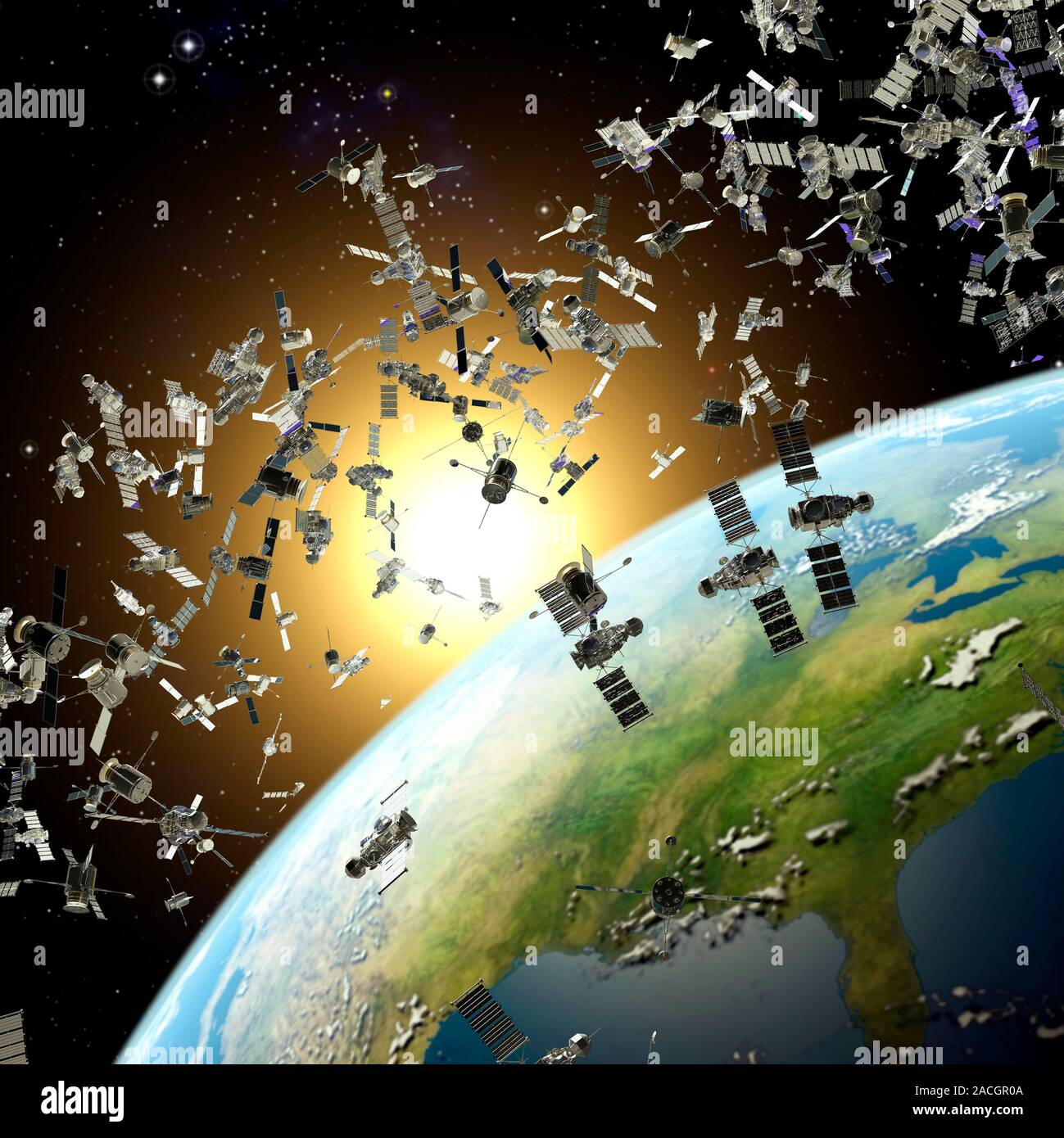 Space junk, conceptual artwork. Large number of satellites orbiting the ...