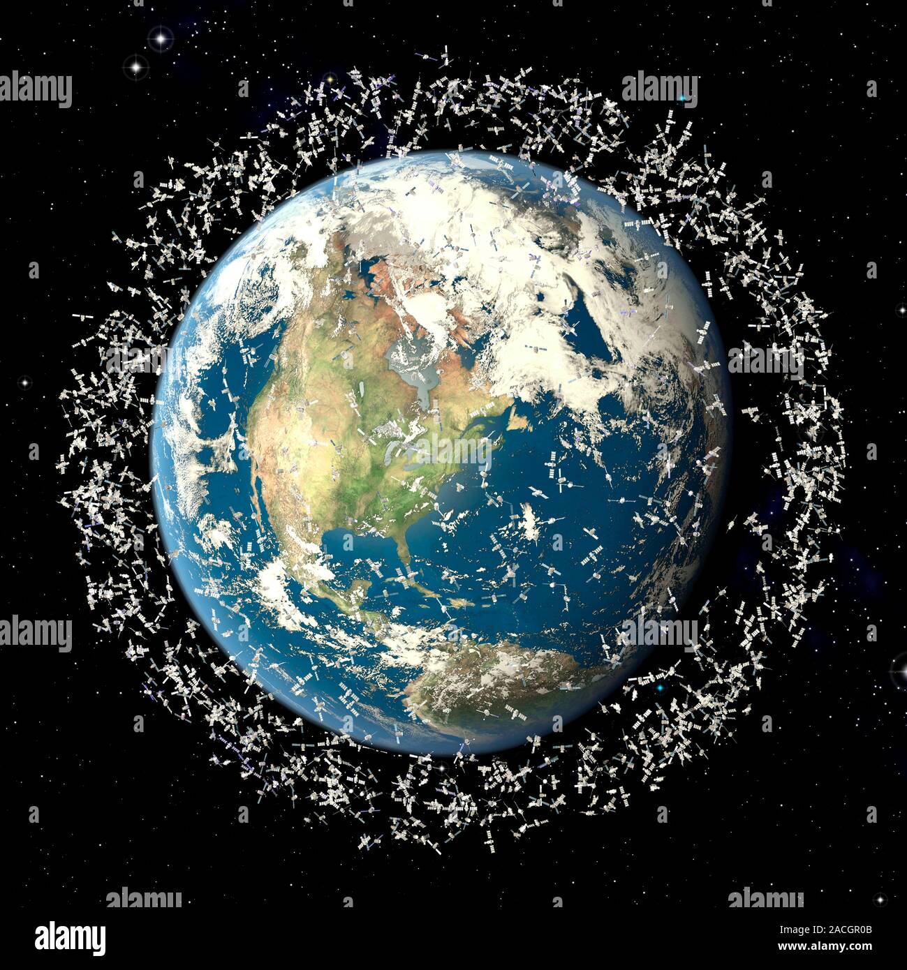 Space junk, conceptual artwork. Large number of satellites orbiting the ...