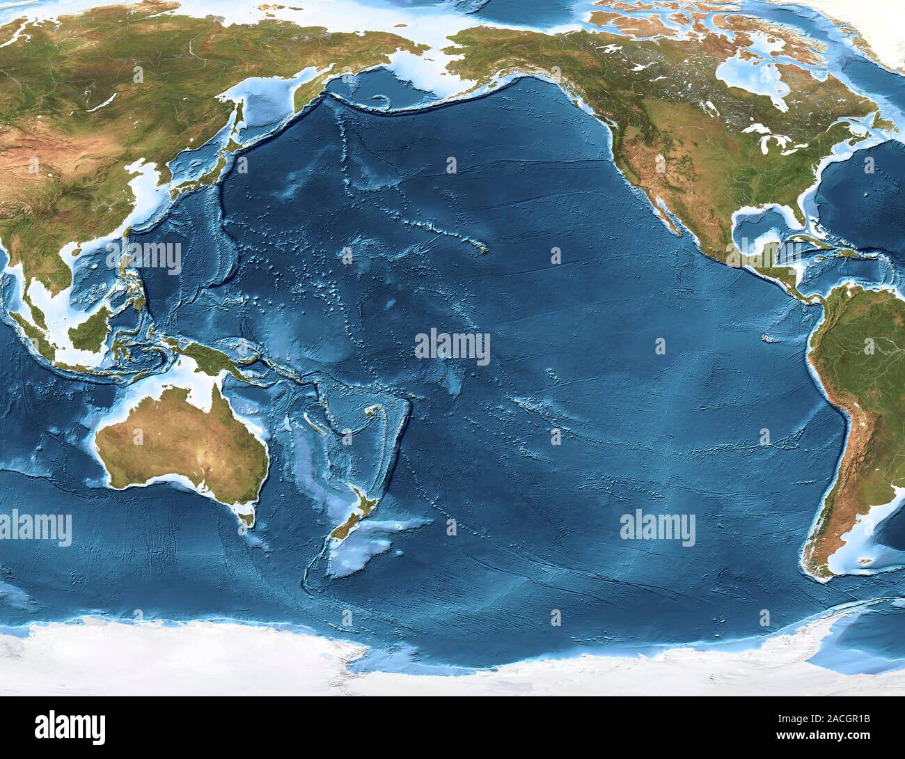 Pacific Ocean sea floor topography, satellite image. This map combines ...