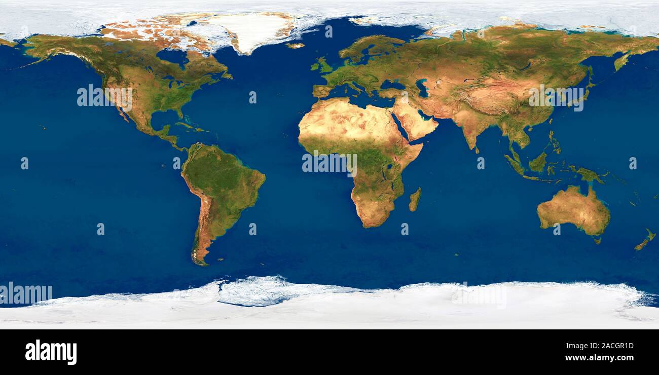 World map, satellite image. This global map combines data from four ...