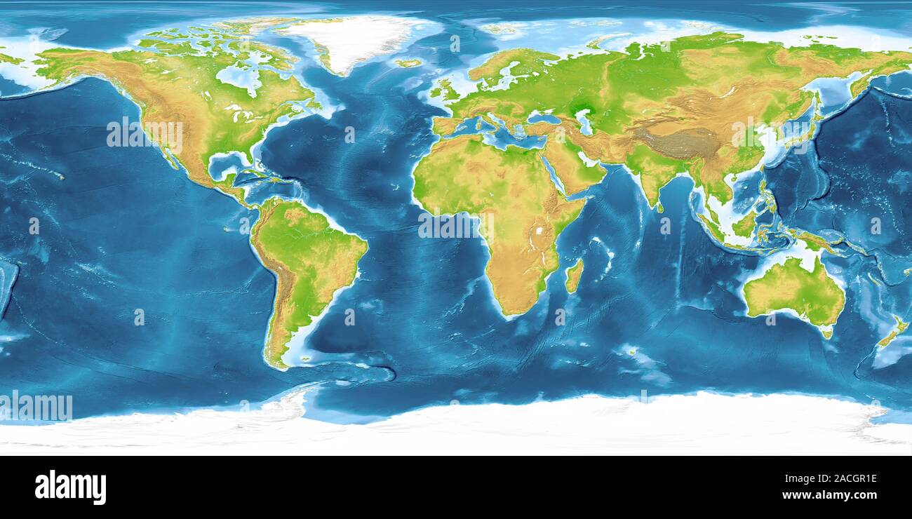 World land and sea floor topography, satellite image. Height is colour ...
