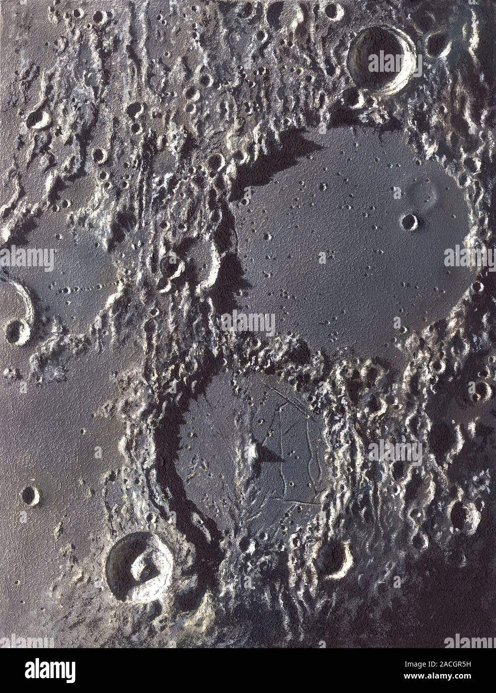 Ptolemaeus and Alphonsus craters. Artwork of the Ptolemaeus crater ...