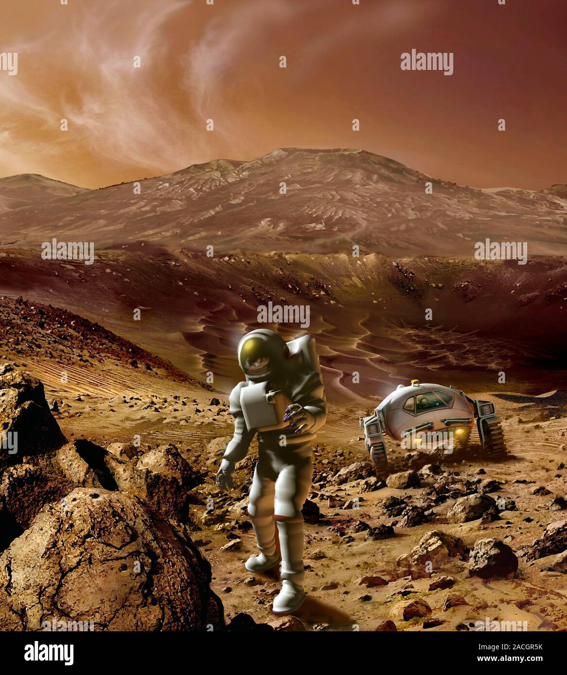 Mars exploration. Artwork of a Martian explorer walking in a spacesuit ...