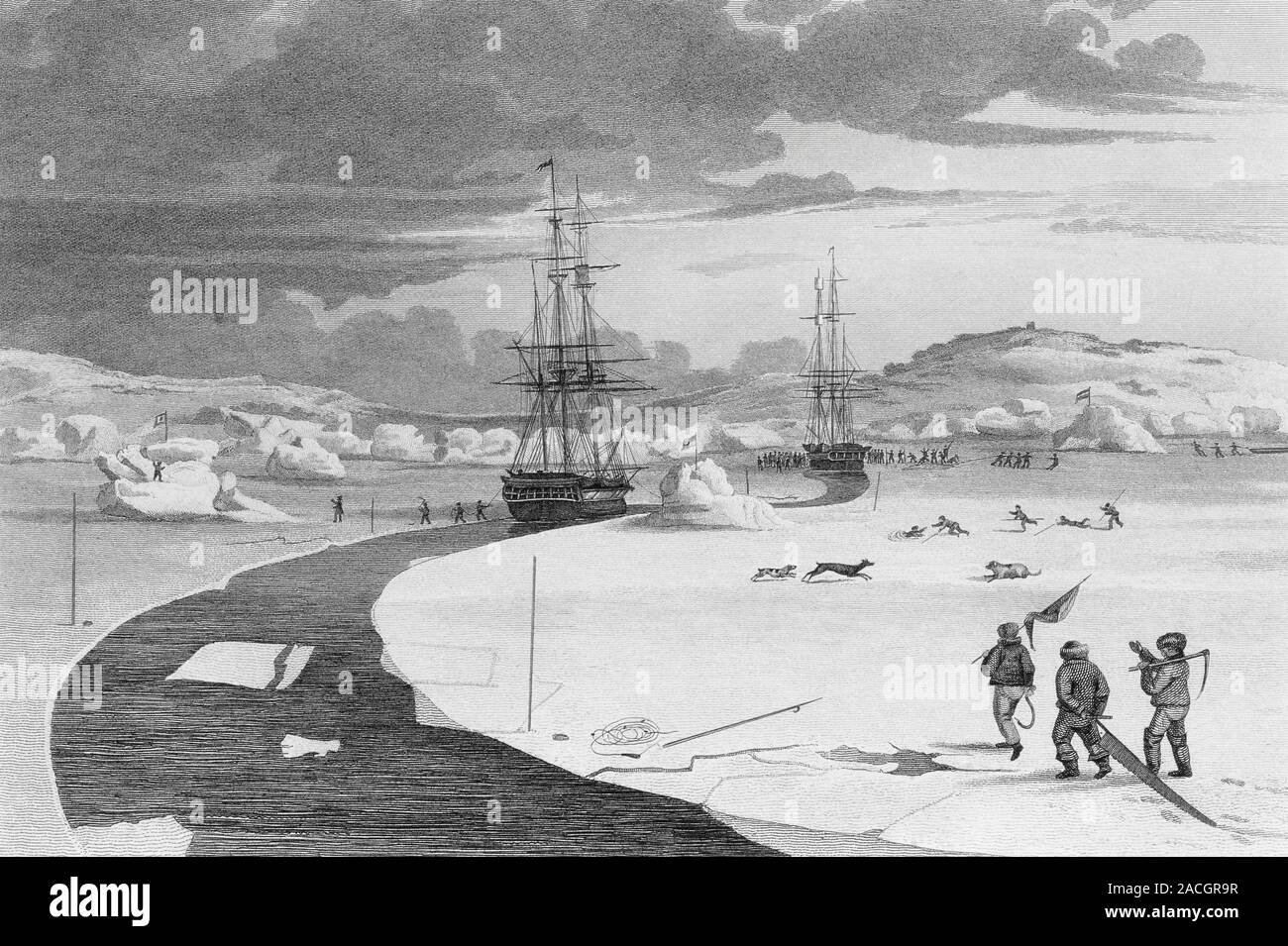 Parry's 2nd Arctic expedition. Historical artwork of the British Royal ...