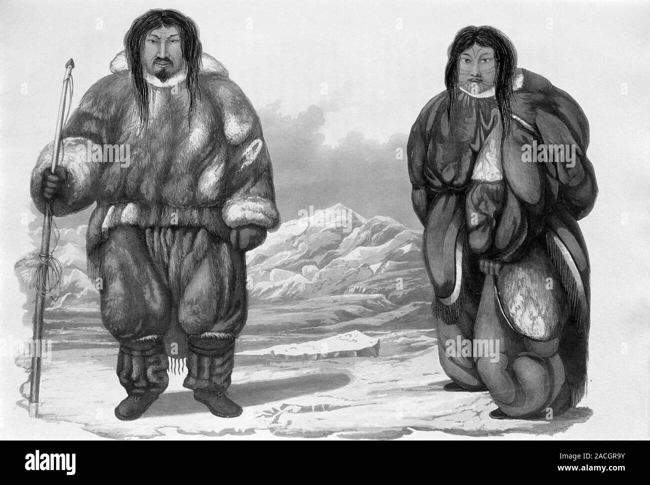 Inuit couple. 19th century artwork of an Inuit husband and wife (Nakahu ...
