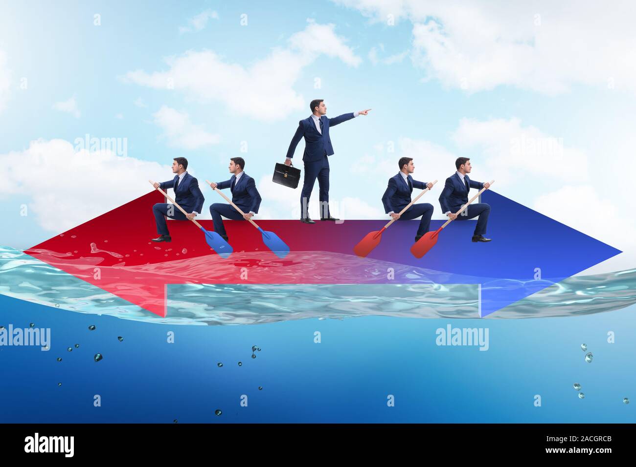 Disagreement concept with businessmen rowing in different directions ...