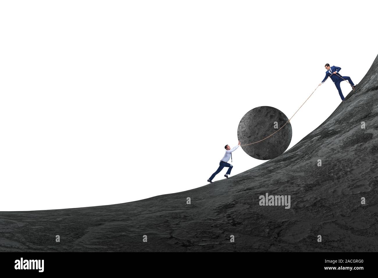 The teamwork example with business people pushing stone to top Stock ...