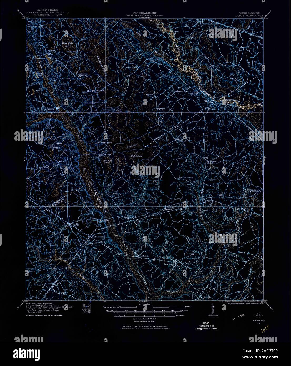 USGS TOPO Map South Carolina SC Lodge 261890 1919 62500 Inverted ...