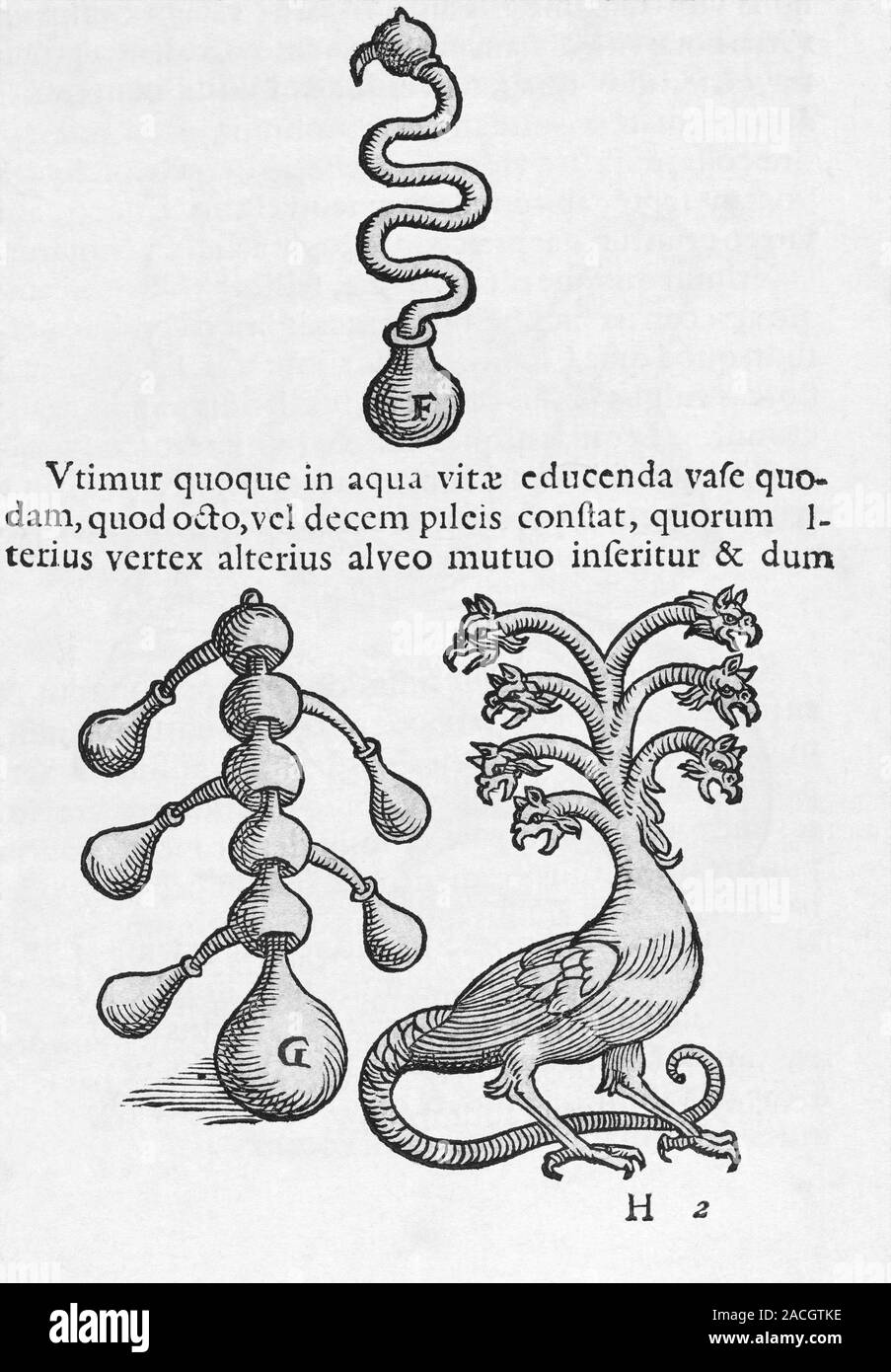 Distillation vessels. Historical woodcut illustrations showing ...