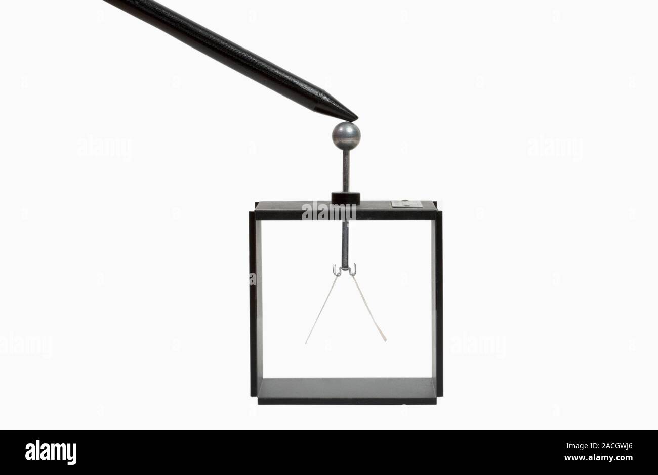 A charged rubber rod charges the foil leaves of an electroscope Stock ...