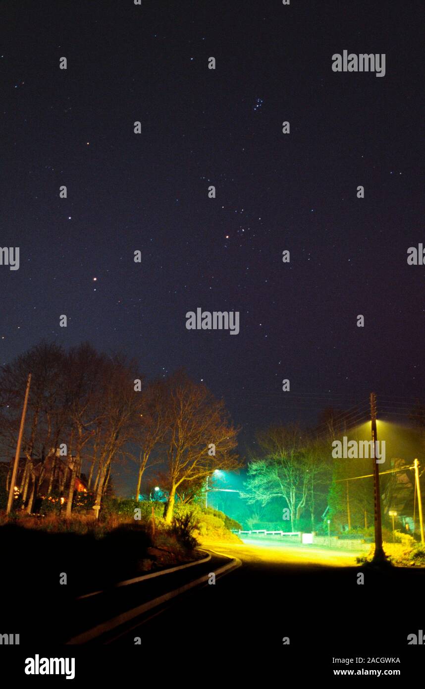 Night sky. At centre is the head of the constellation Taurus (sideways ...