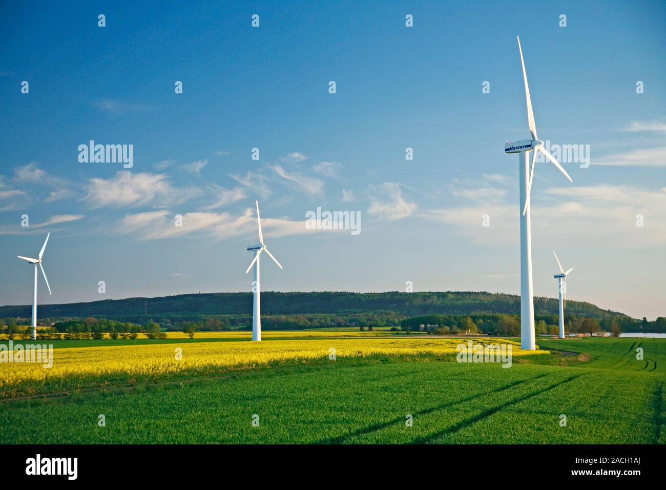 Wind turbines in a field. Photographed in Ostergotland, Sweden Stock ...