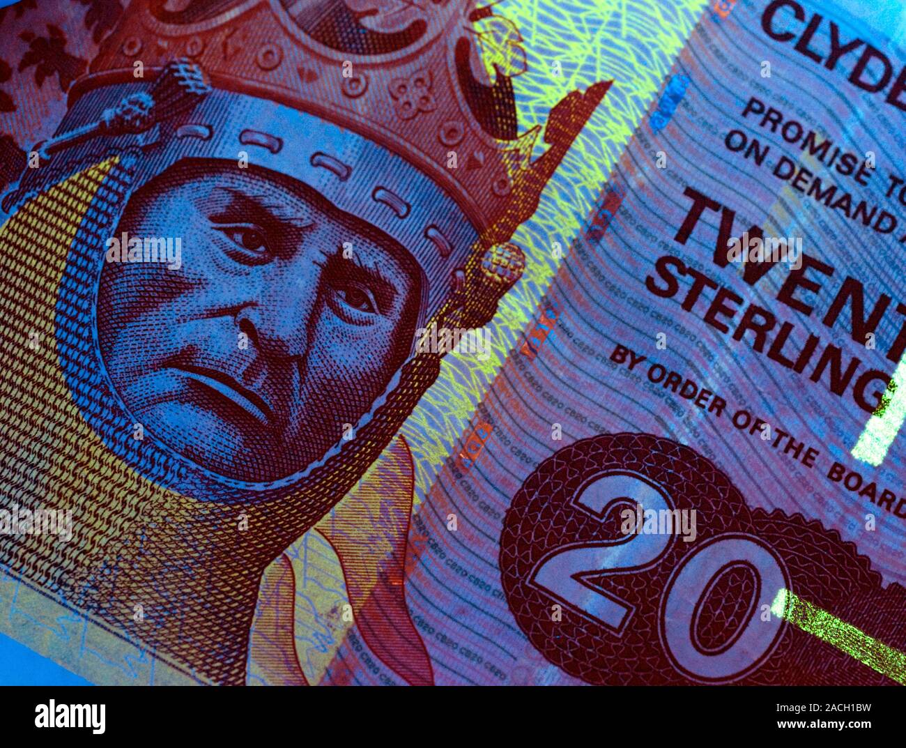 Twenty pound Scottish banknote in UV light, close up. The design on ...