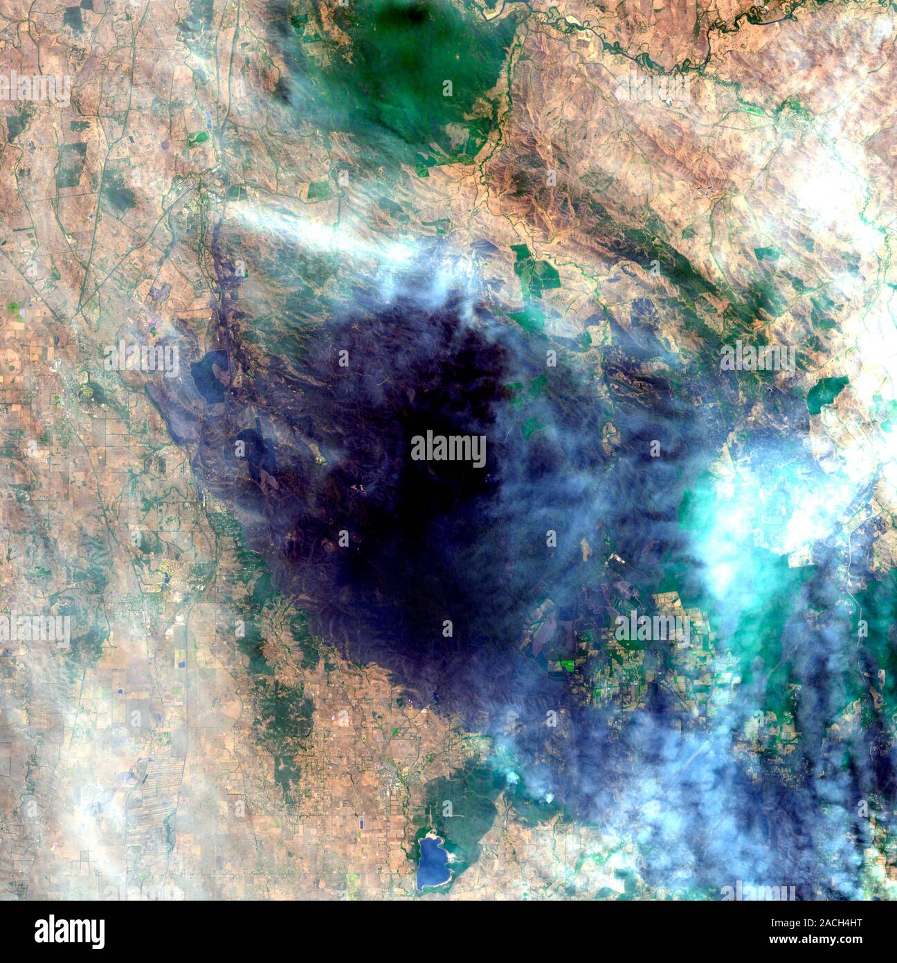 Australian bushfires. Satellite image of bushfires burning in Victoria ...