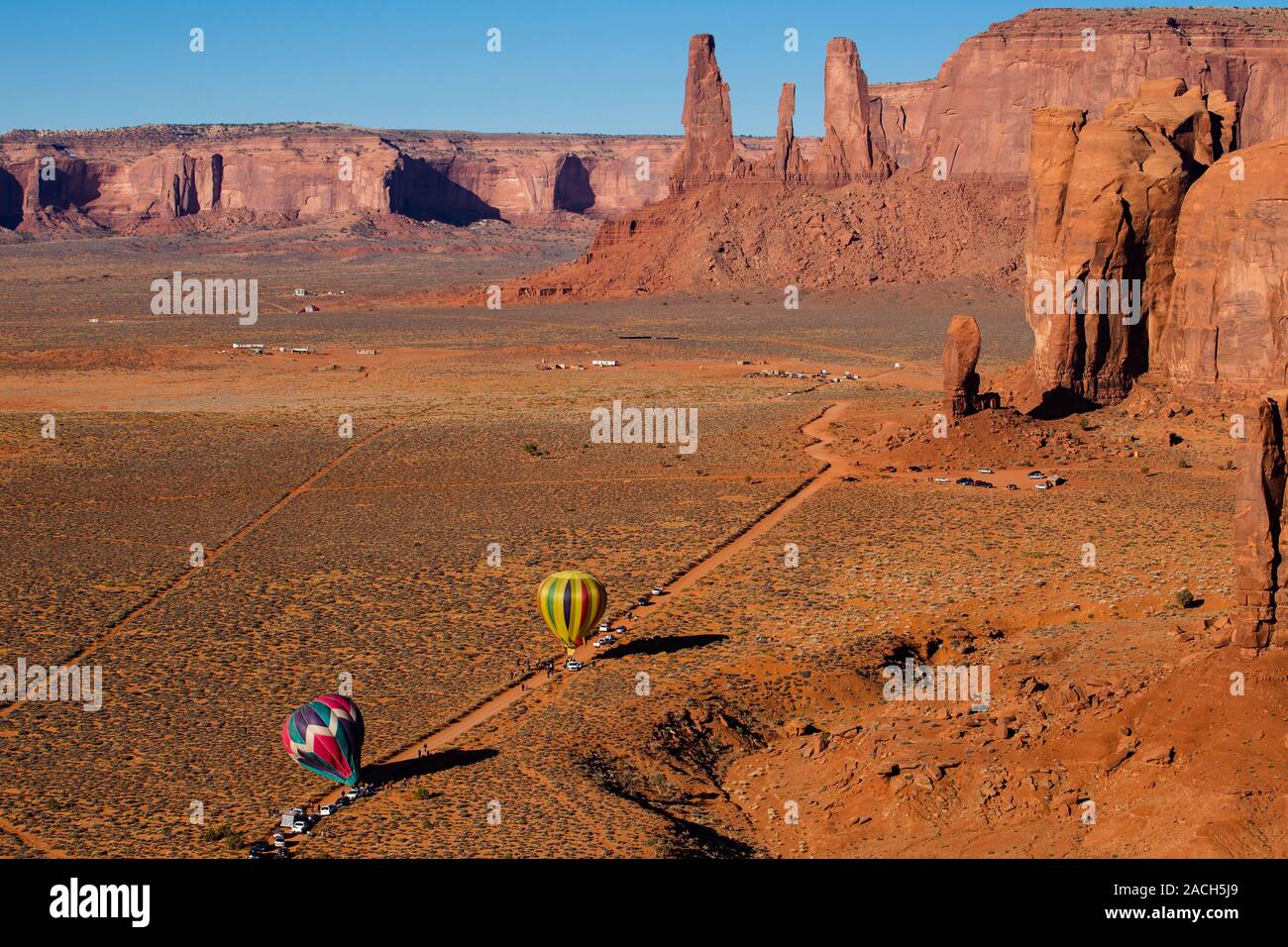 An aerial view hot air balloons preparing to launch in the Monument ...
