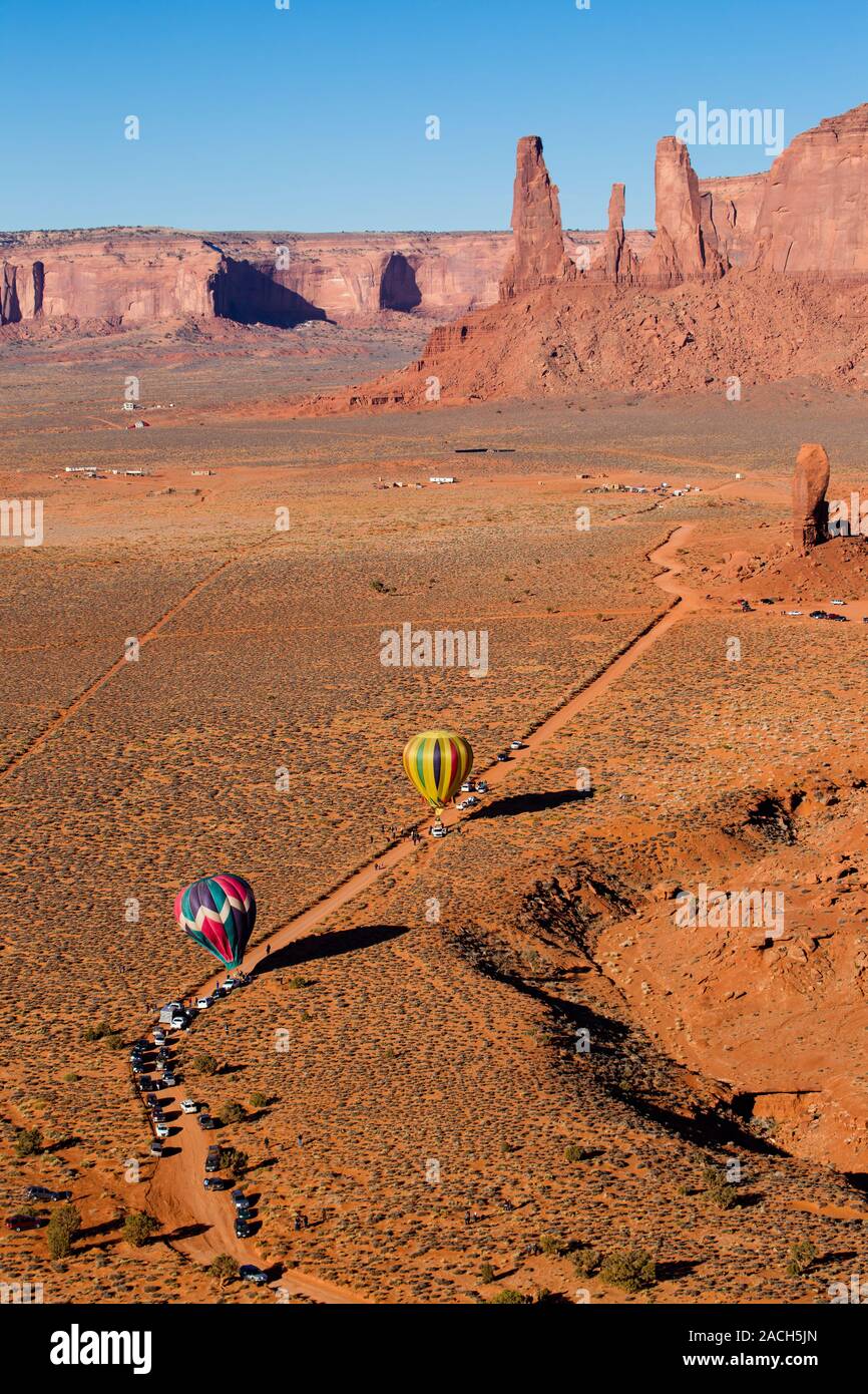 An aerial view hot air balloons preparing to launch in the Monument ...