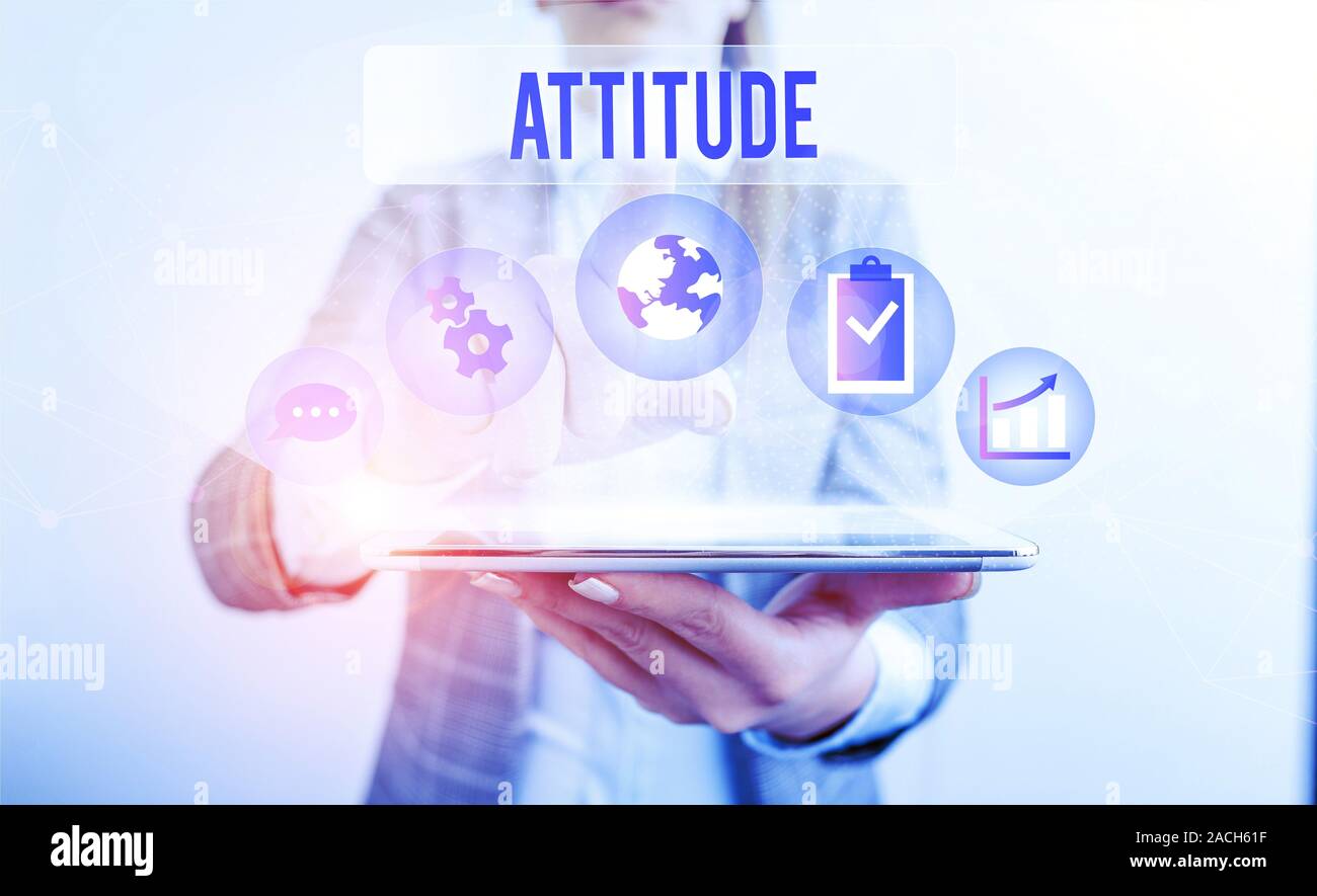 Conceptual hand writing showing Attitude. Concept meaning settled way ...