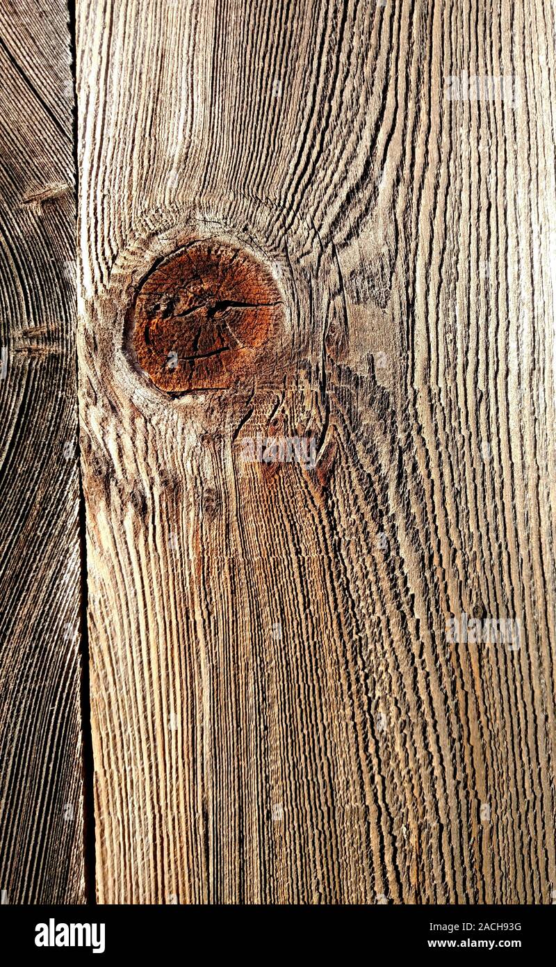 Wood grain patterns in a plank of wood in an old outdoor redwood fence ...