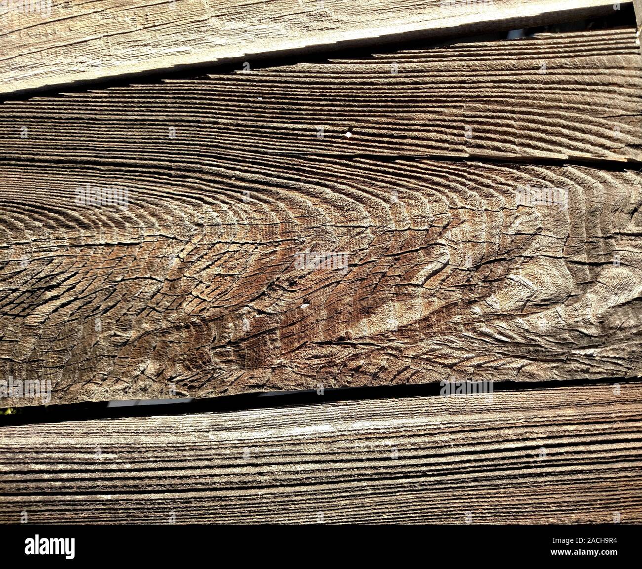 Wood grain patterns in a plank of wood in an old outdoor redwood fence ...