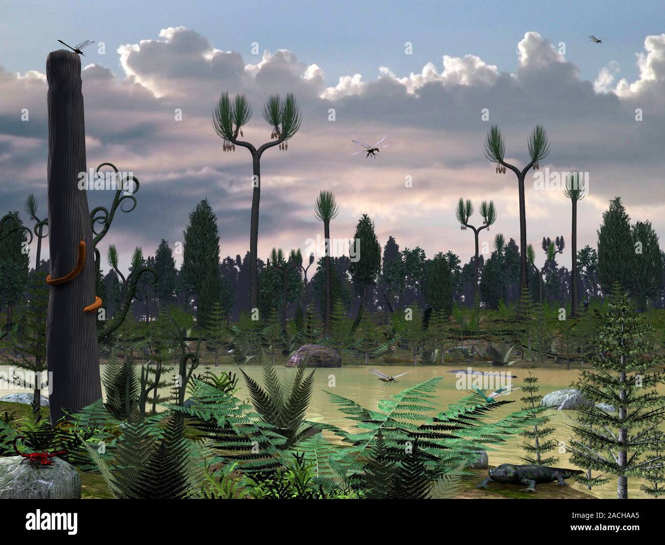 Prehistoric riverside. Computer artwork of prehistoric insects flying ...