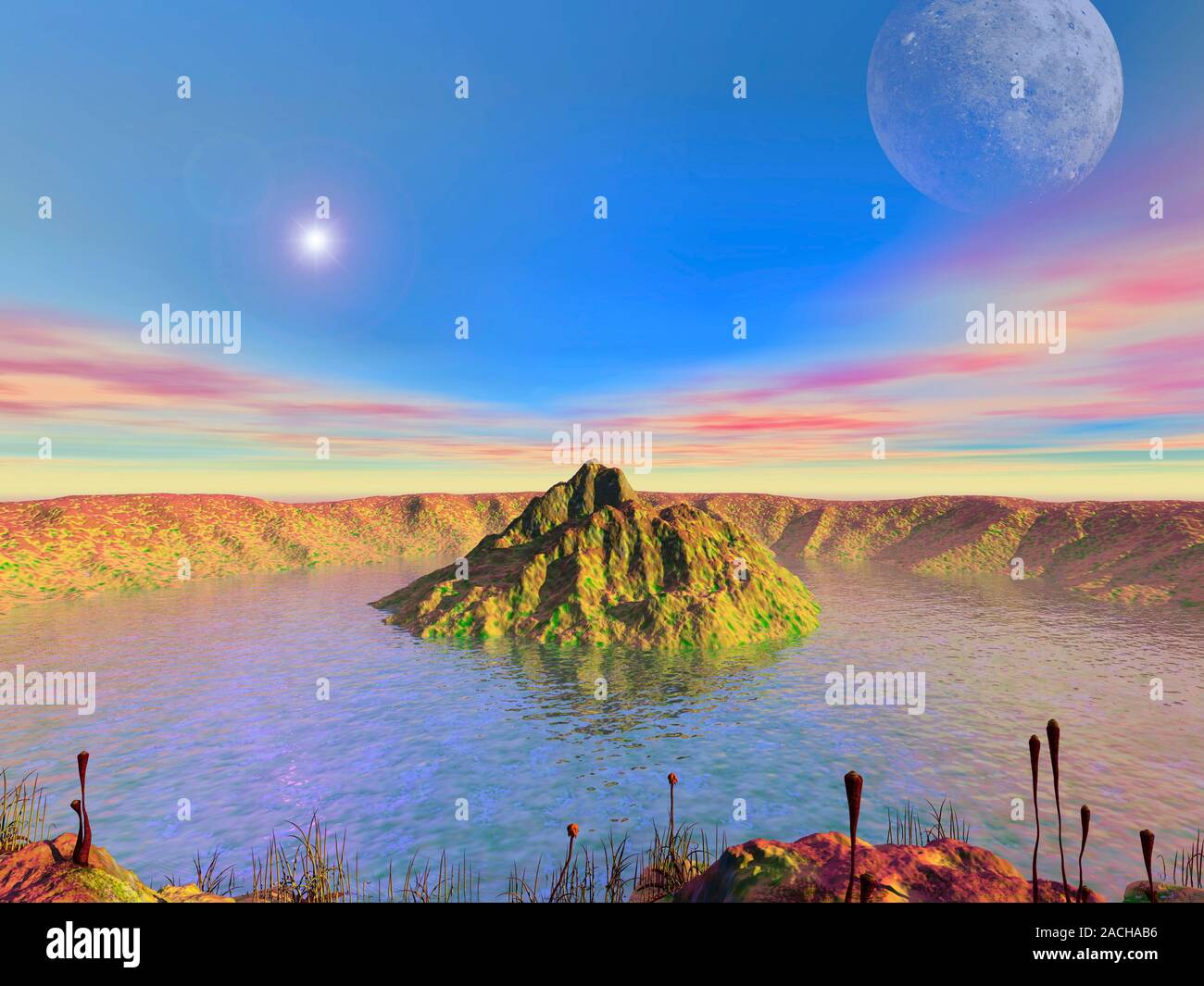Alien lake. Conceptual computer artwork of plants growing around an ...