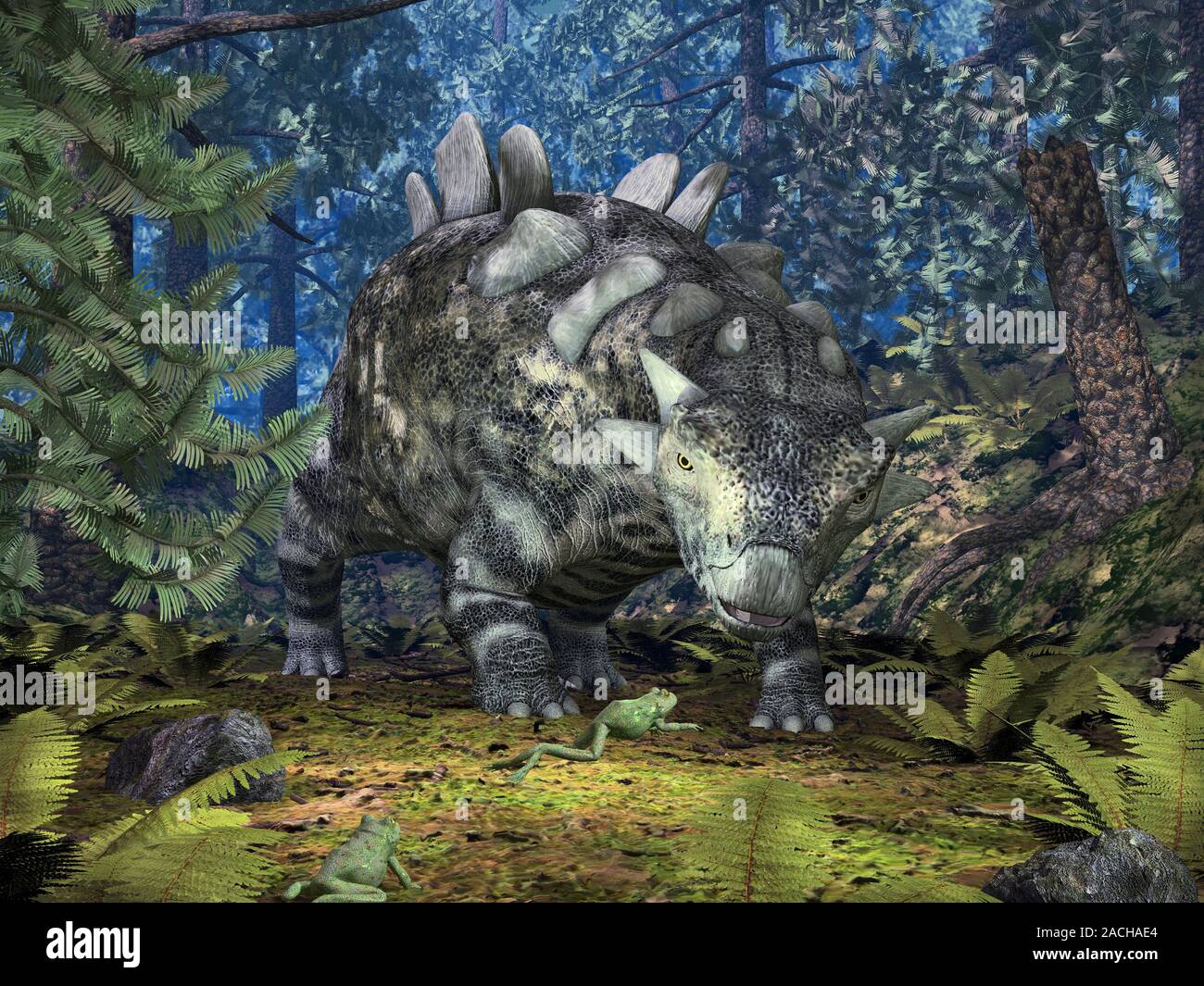 Crichtonsaurus and frogs. Computer artwork of a ten-foot-long ...