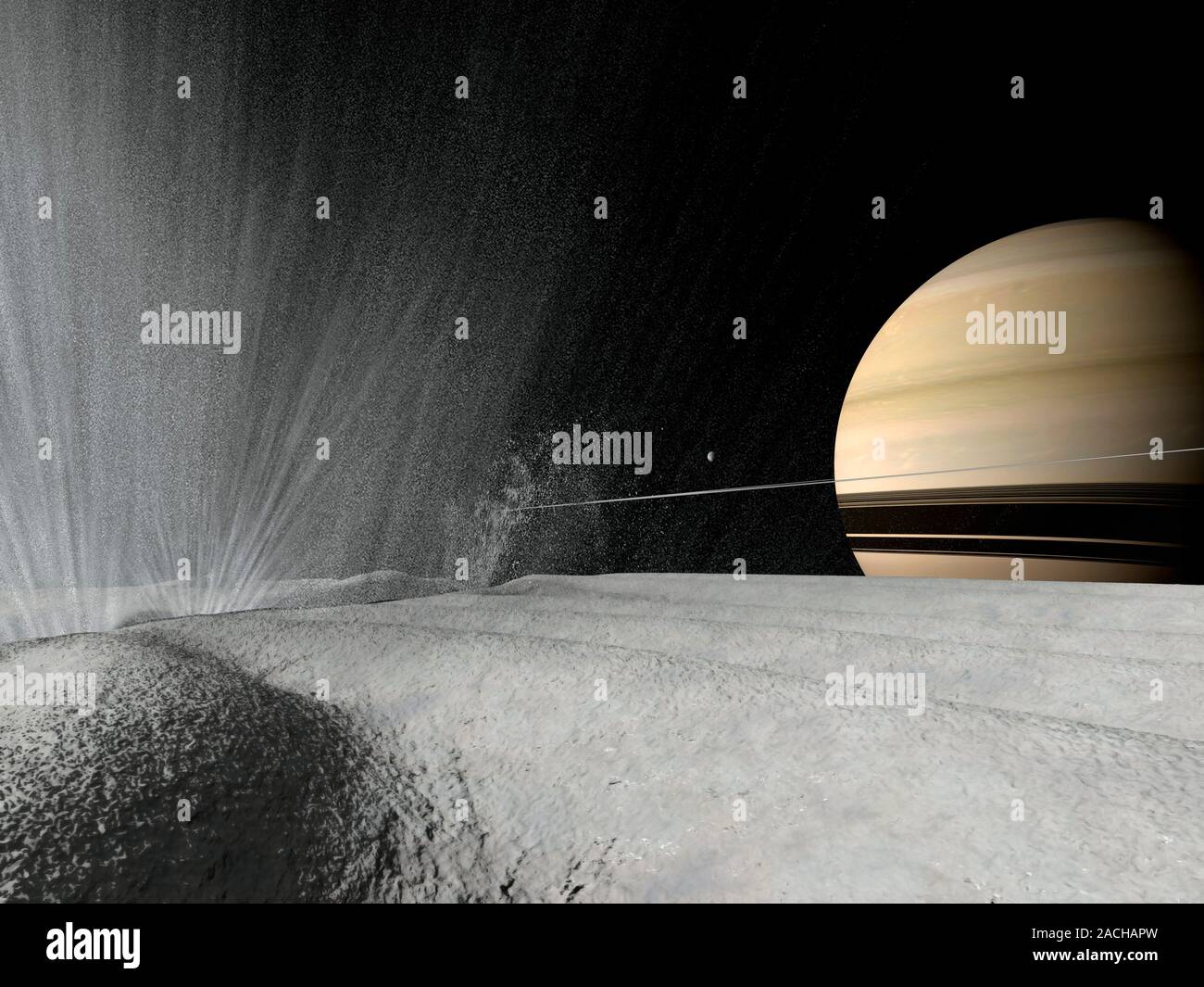 Enceladus. Computer artwork of a geyser erupting on the surface of ...