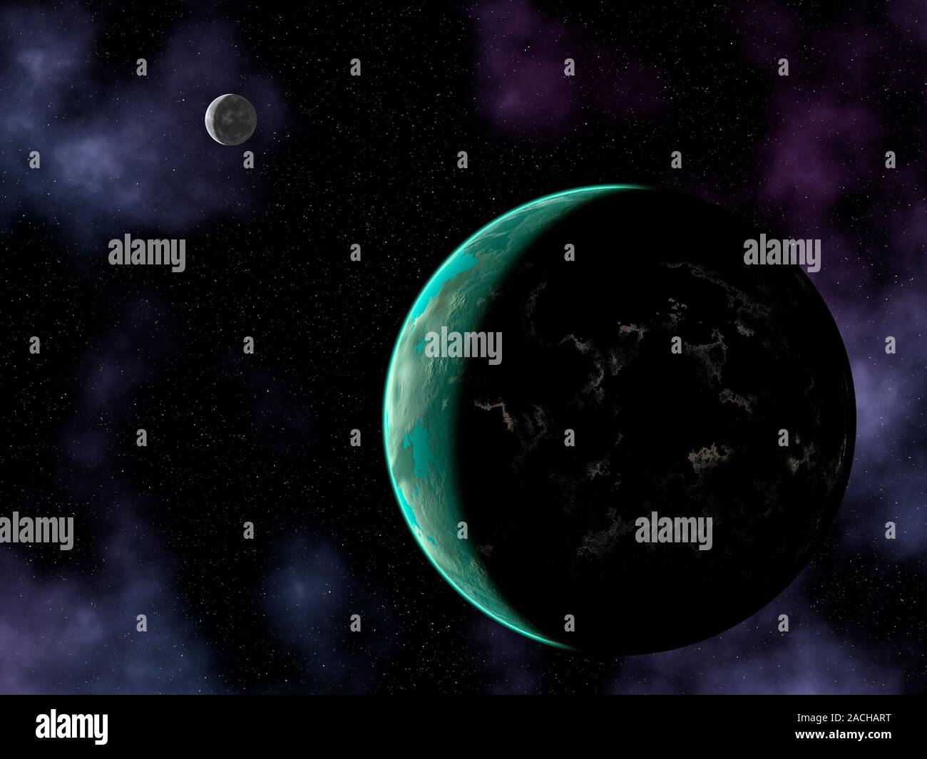 Extraterrestrial civilisation. Computer artwork of an Earth-like alien ...